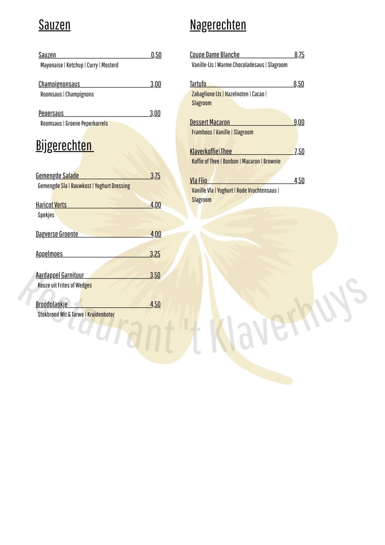 ’t Menu – Restaurant ’t Klaverhuys